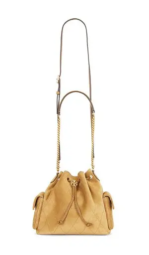 Tory Burch Charlie Quilted Suede Drawstring Shoulder Bag In Tan