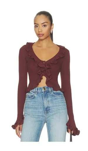 MORE TO COME Renee Cardigan Top With Ruffle Trim - Brown