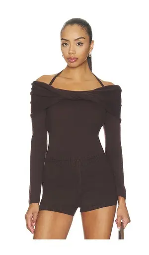 Simkhai Cambria Long Sleeve Off Shoulder Top - Chocolate