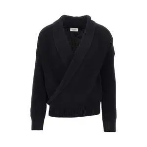LANEUS Cotton Knitted Cardigan With Shawl Collar - Black