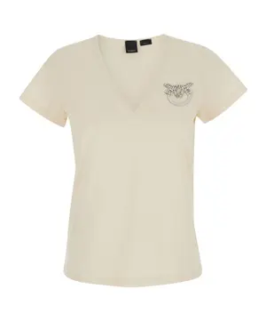 Pinko Love Birds Embellished V-neck T-shirt - Nude