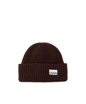GANNI Logo-appliquéd Ribbed Wool-blend Beanie - Black