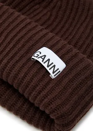 GANNI Logo-appliquéd Ribbed Wool-blend Beanie