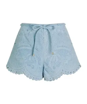 Zimmermann Daylight Embroidered Belted Denim Shorts - Blue