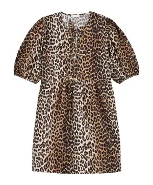 GANNI Leopard-print Cotton-poplin Mini Dress - Black
