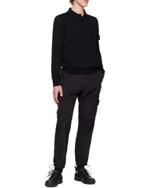 Stone Island Logo Patch Long Sleeved Polo Shirt - Black