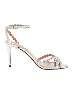 AQUAZZURA Tequila 85 Embellished Metallic Leather Sandals - White