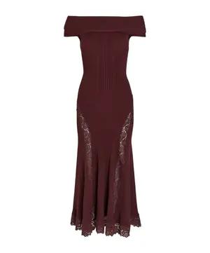SELF-PORTRAIT Trimmed Knit Midi Dress - Red