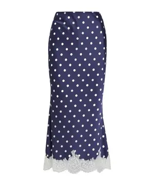 SELF-PORTRAIT Polka Dot Lace-trim Satin Midi Skirt - Blue