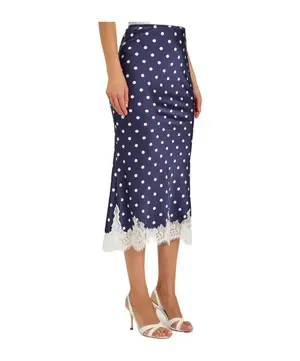 SELF-PORTRAIT Polka Dot Lace-trim Satin Midi Skirt