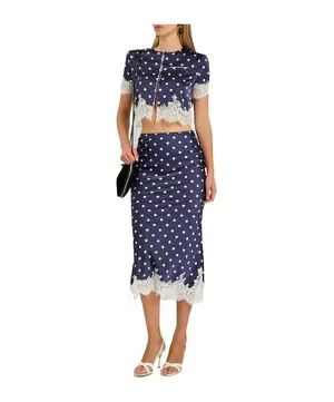 SELF-PORTRAIT Polka Dot Lace-trim Satin Midi Skirt