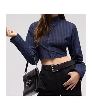 Gucci Pinstripe Crest Embroidered Cropped Shirt