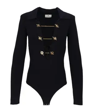 Elisabetta Franchi Ribbed Knit Bodysuit With Gold-tone Chain Detail - Black