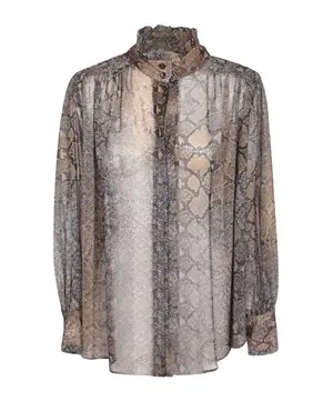Loulou De Saison Snake Print Ruffled High Neck Shirt