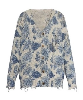 R13 Floral Print Distressed Cardigan - Blue