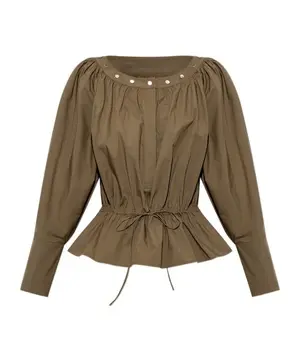 Tory Burch Pleated Blouse With Puff Sleeves And Metal Button Accents