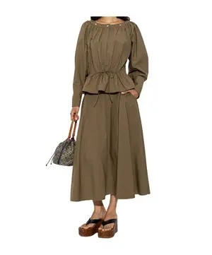 Tory Burch Pleated Blouse With Puff Sleeves And Metal Button Accents