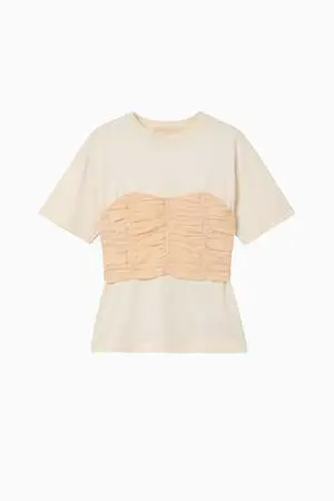 Ulla Johnson Mila Short Sleeve Cotton Top With Chiffon Overlay
