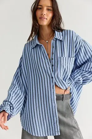 Free People We The Free Off-duty Double Cloth Striped Button Down Shirt - Blue Combo