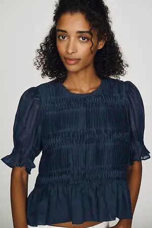 A.REN Brigette 100% Linen Peplum Top - Navy