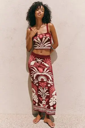 CELANDINE Botanical Print Knit Midi Skirt - Pink Pattern