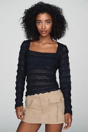 Anthropologie Square-neck Lace Long-sleeve Top - Black