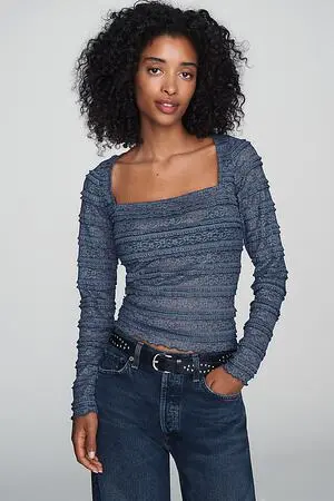 Anthropologie Square-neck Lace Long-sleeve Top Green