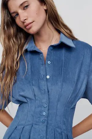 EXQUISE Tobie Corduroy Mini Shirtdress - Light Blue