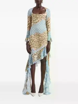 Nina Ricci Leopard Print Polka Dot Square Neck Midi Dress