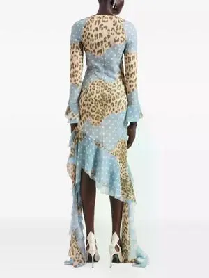 Nina Ricci Leopard Print Polka Dot Square Neck Midi Dress