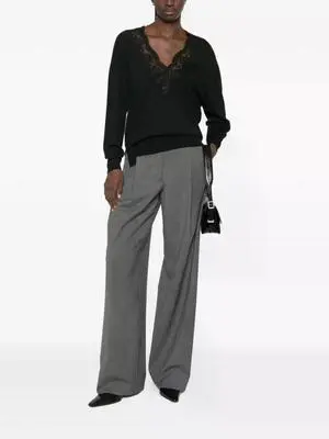 ERMANNO FIRENZE Lace-trim V-neck Sweatshirt - Black