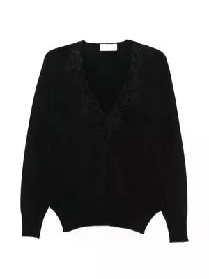 ERMANNO FIRENZE Lace Trim V-neck Sweatshirt - Black