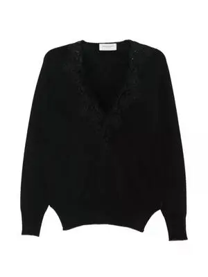 ERMANNO FIRENZE Lace Trim V-neck Sweatshirt - Black