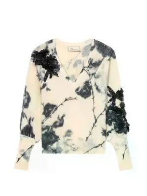 Blumarine Floral Print Sequin Embellished V-neck Sweater - Neutrals