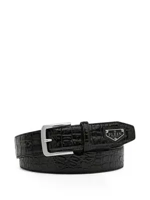 Philipp Plein Leather Belt With Crocodile Effect And Metal Plaque - Black