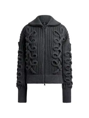 Etro Ribbed Wool-blend Zip-up Cardigan With Woven Detailing