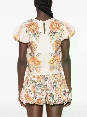 Farm Rio Floral Print Scallop-edge Puff Sleeve Top - Pink