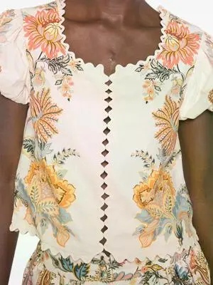 Farm Rio Floral Print Scallop-edge Puff Sleeve Top - Pink