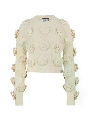 Philipp Plein Cream Cable Knit Rose Appliqué Pullover