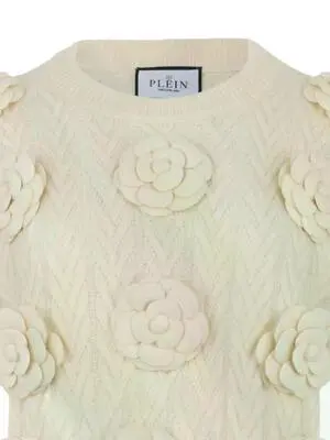 Philipp Plein Cream Cable Knit Rose Appliqué Pullover