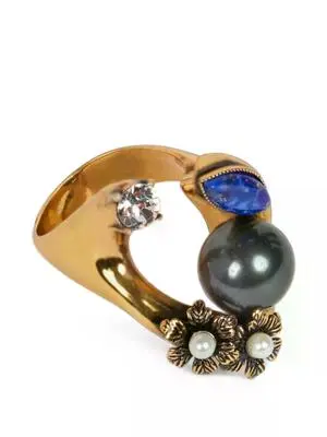 Etro Tone Ring With Pearl, Rhinestone, Gemstone, And Flower Appliqués