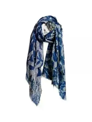 MIRROR IN THE SKY Leaf-pattern Frayed Scarf - Blue