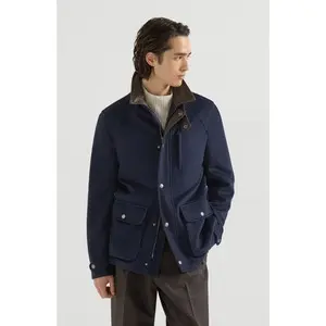 Brunello Cucinelli Virgin Wool Cloth Field Jacket With Nappa Leather Inserts - Blue