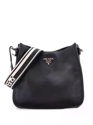 Prada Logo Strap Leather Medium Hobo Bag - Black
