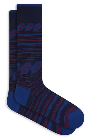 Bugatchi Stripe Geo Pattern Cotton Blend Dress Socks - Navy