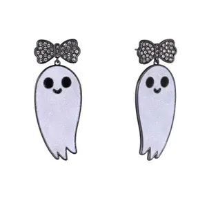 HALLMARK Ghost Drop Earrings With Rhinestone Bow Studs - White