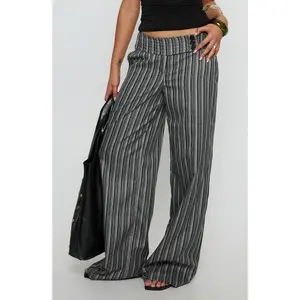 Princess Polly Cedars Stripe Low Rise Wide Leg Pants - Grey Stripe