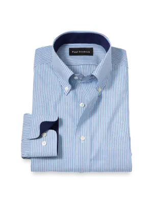 PAUL FREDRICK Cotton Buttondown Collar Broadcloth Slim Contrast Trim Button Cuff Long Sleeve - Blue