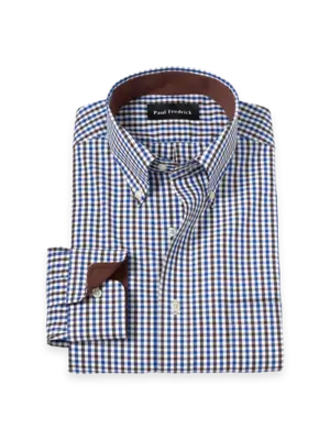 PAUL FREDRICK Cotton Buttondown Collar Broadcloth Classic Contrast Trim Button Cuff Long Sleeve Shirt - Blue/brown