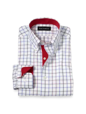 PAUL FREDRICK Cotton Buttondown Collar Broadcloth Slim Contrast Trim Button Cuff Long Sleeve - Blue/red